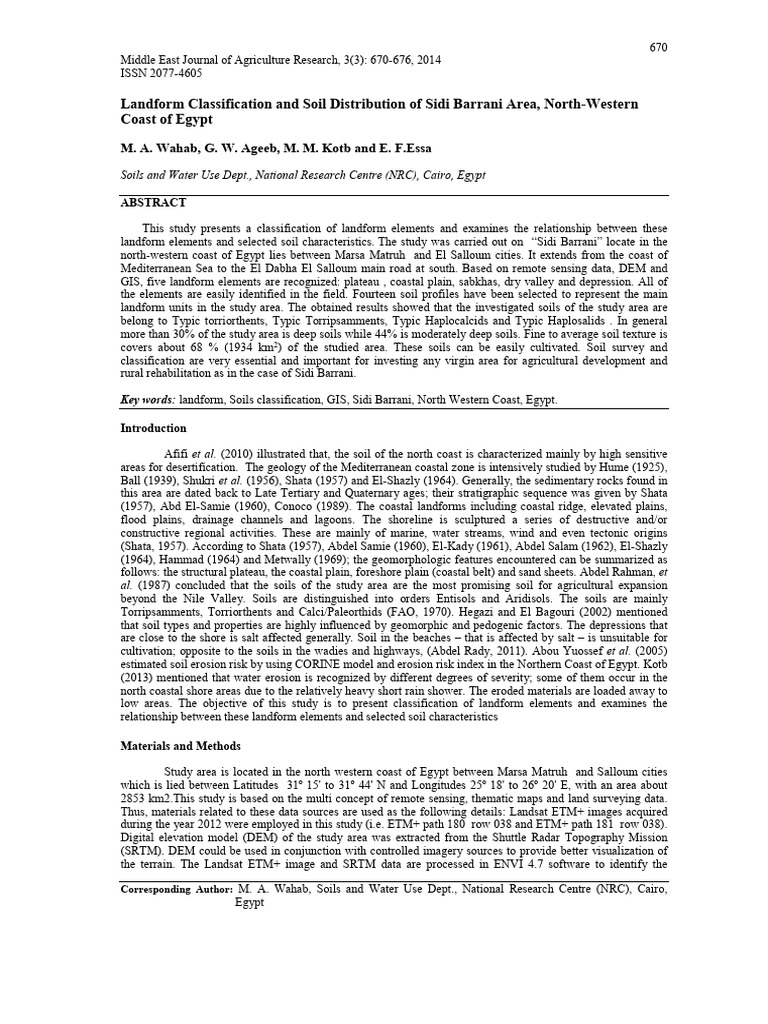 Landform Classification and Soil Distribution of Sidi Barrani Area, North-Western Coast of Egypt ...