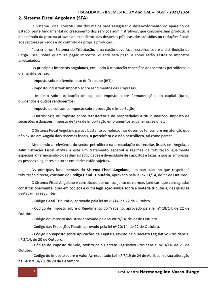 Tabela IRT Angola 2024 e Sistema Fiscal | PDF | Impostos | Finanças ...