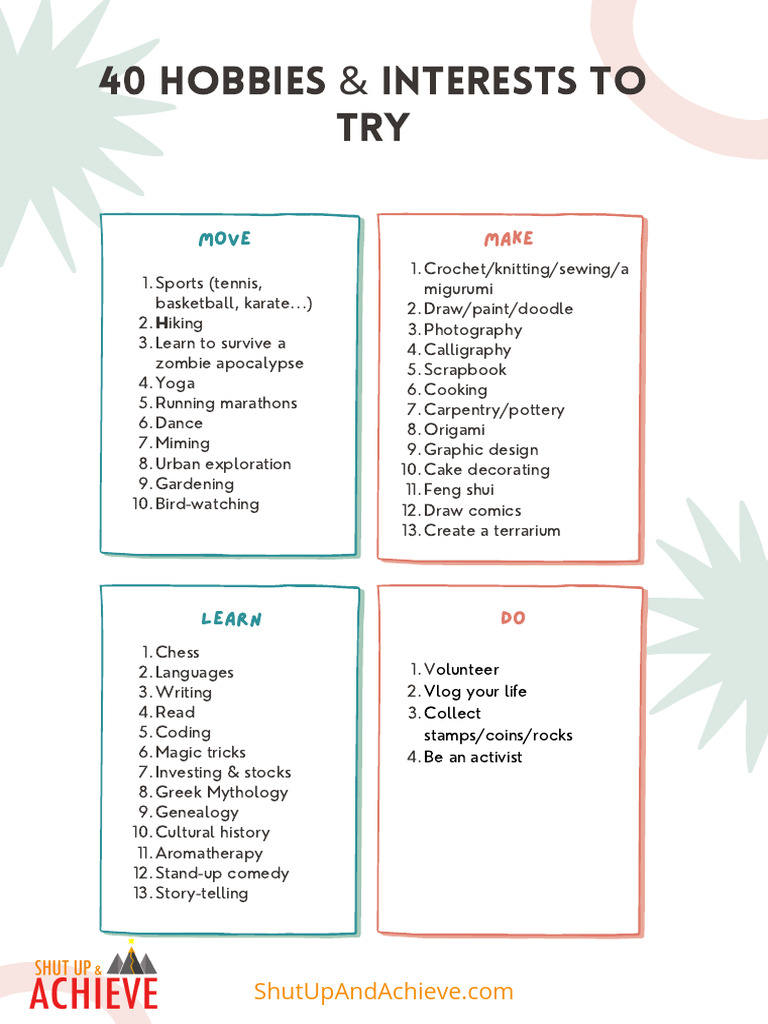 40 Hobbies Interests To Try | PDF | Home & Garden