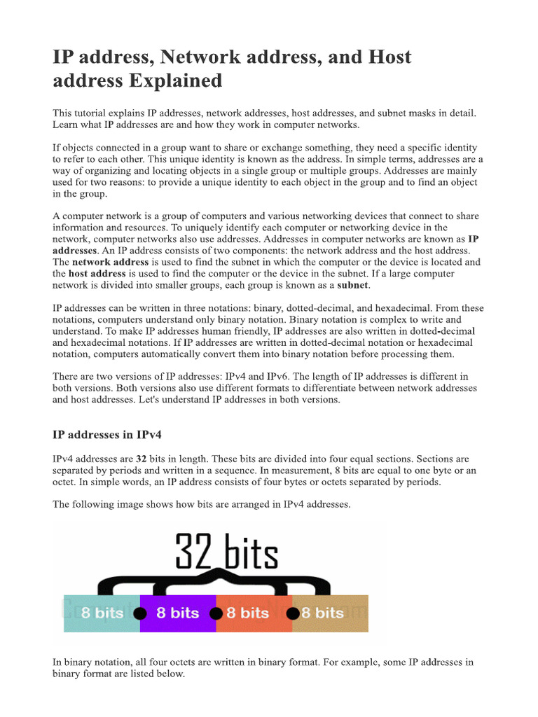 IP Address, Network Address, and Host Address | PDF