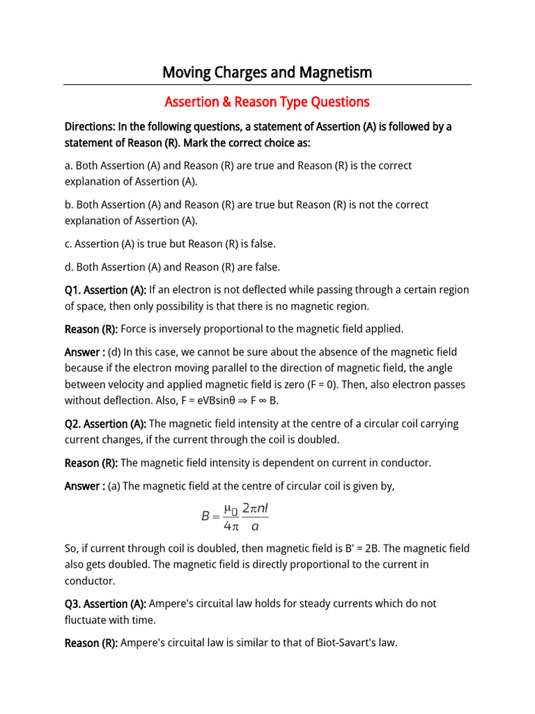 Moving Charges Assertion Reason | PDF | Magnetic Field | Electric Current