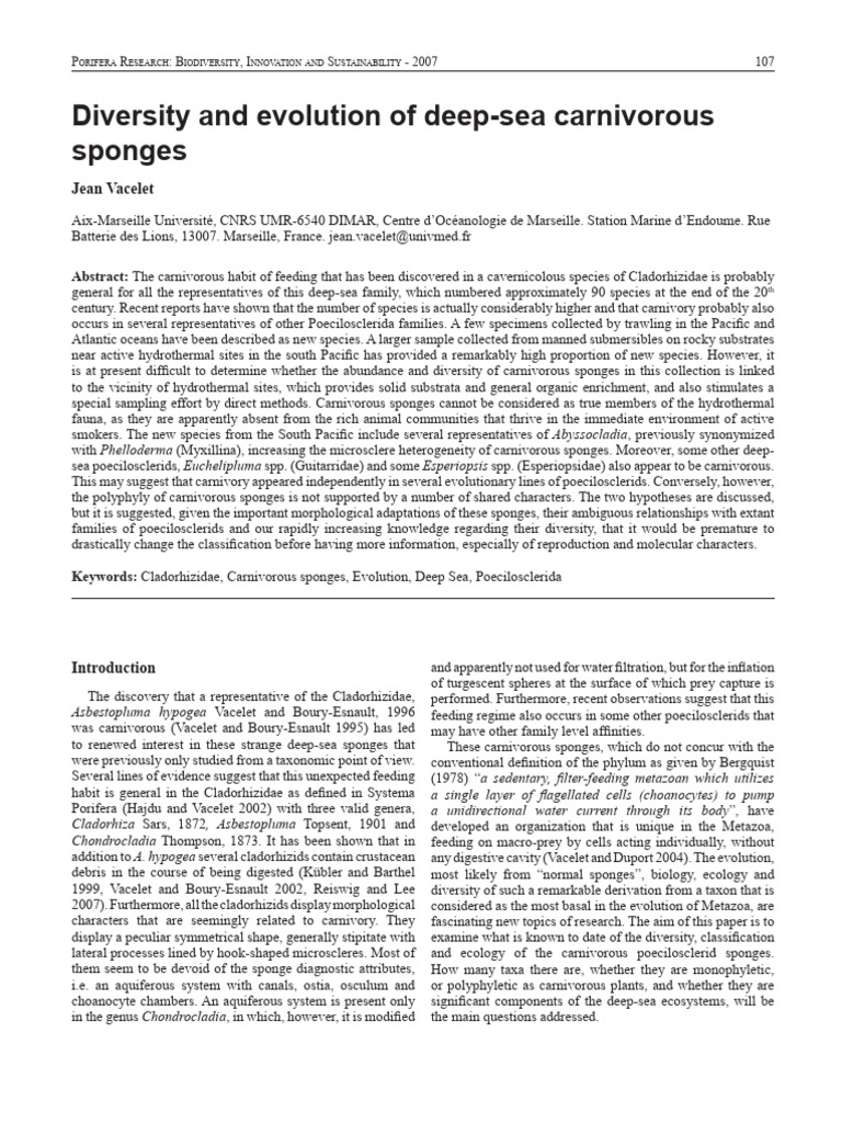 Vacelet (2007) Diversity and Evolution of Deep-Sea Carnivorous Sponges ...