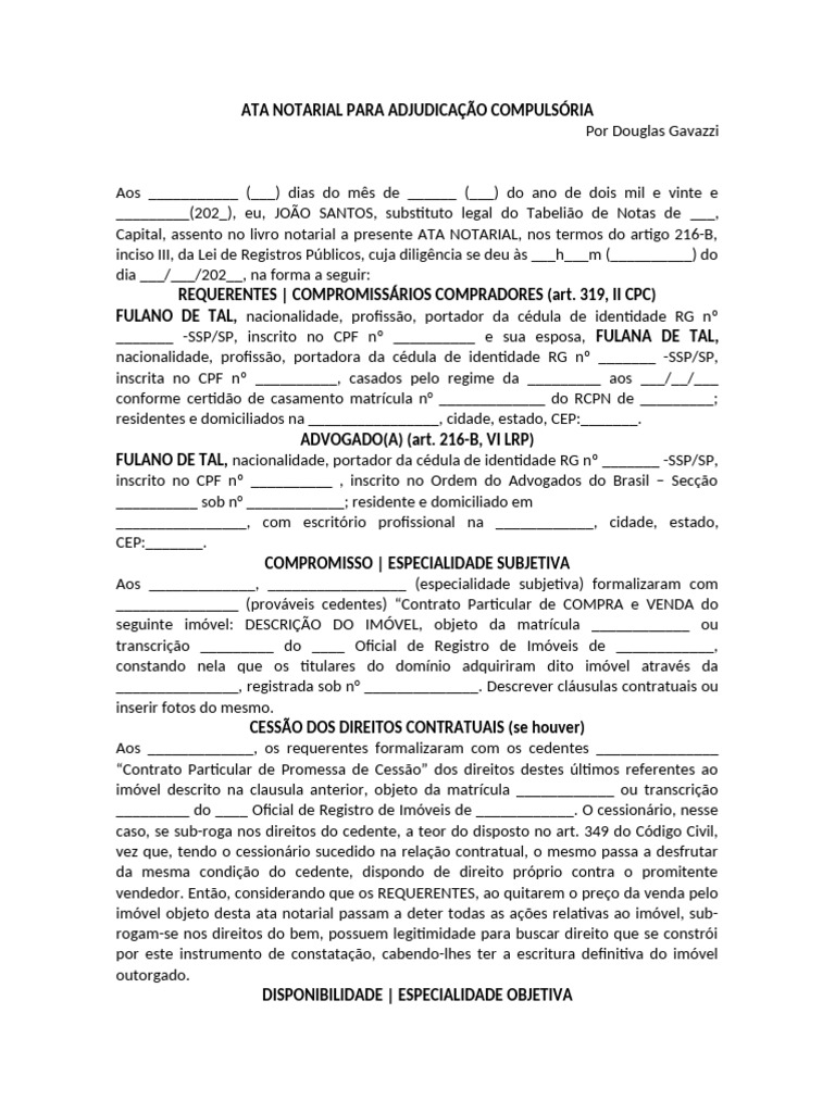 Modelo Ata Notarial para Adjudicação Compulsória | PDF | Adjudicação ...