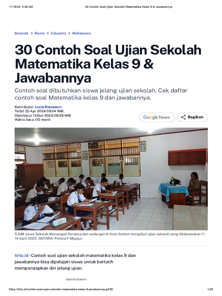 30 Contoh Soal Ujian Sekolah Matematika Kelas 9 & Jawabannya | PDF