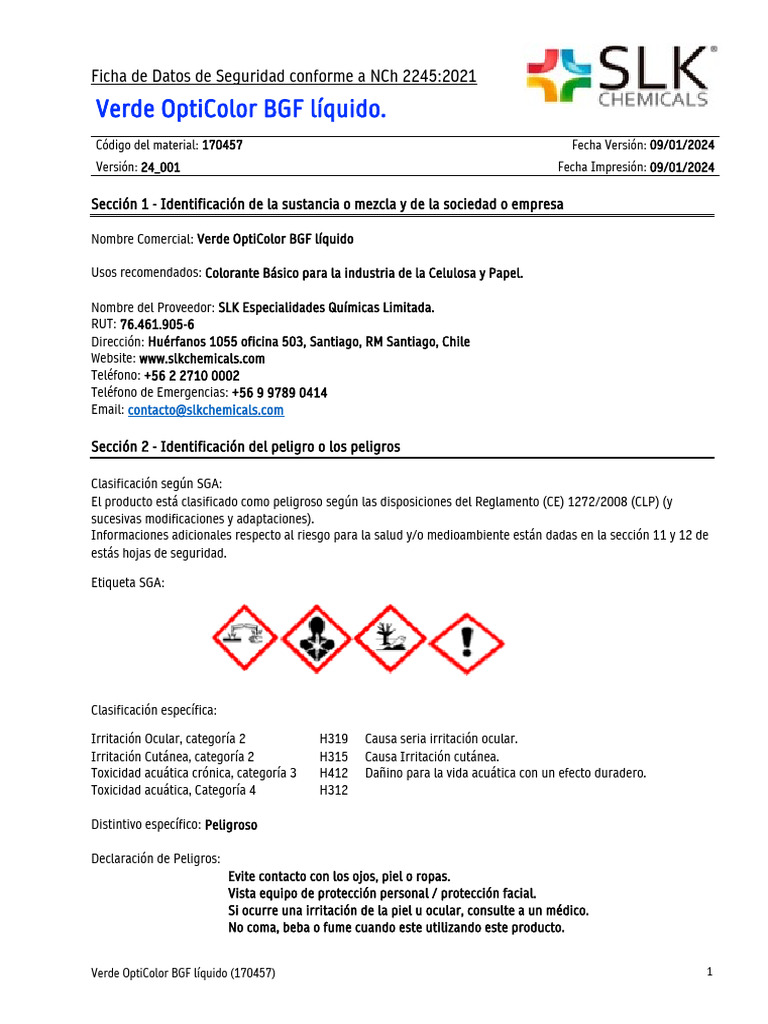 HOJA DE SEGURIDAD IMO 8 CLASE 2801 - 170457 Verde OptiColor BGF Liq. MSDS - 24.01 | PDF ...
