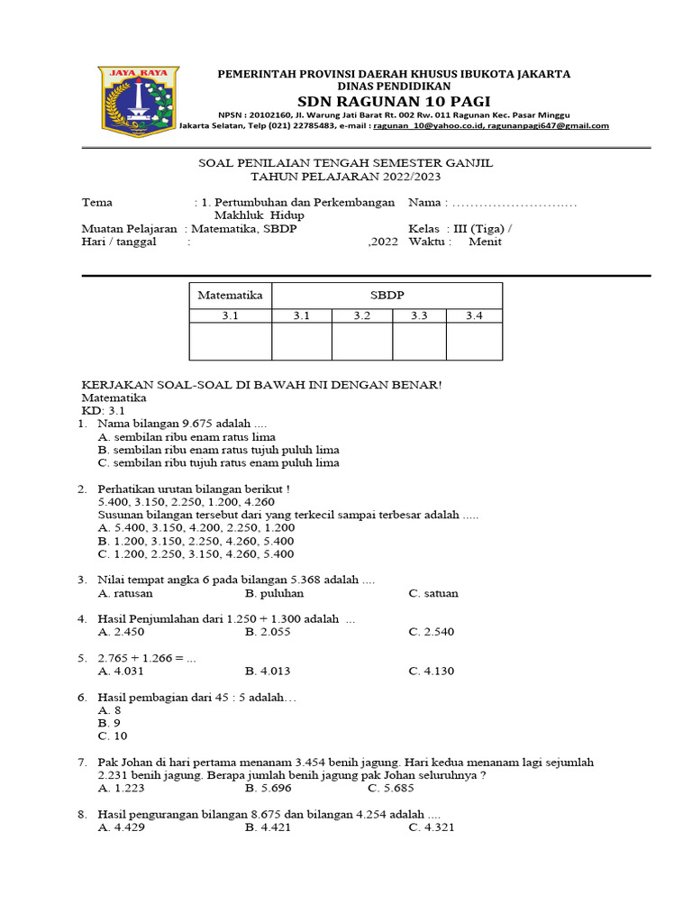 Soal PTS Tema 1 MTK, SBDP Kelas 3 Semester 1 TA 2022-2023 | PDF