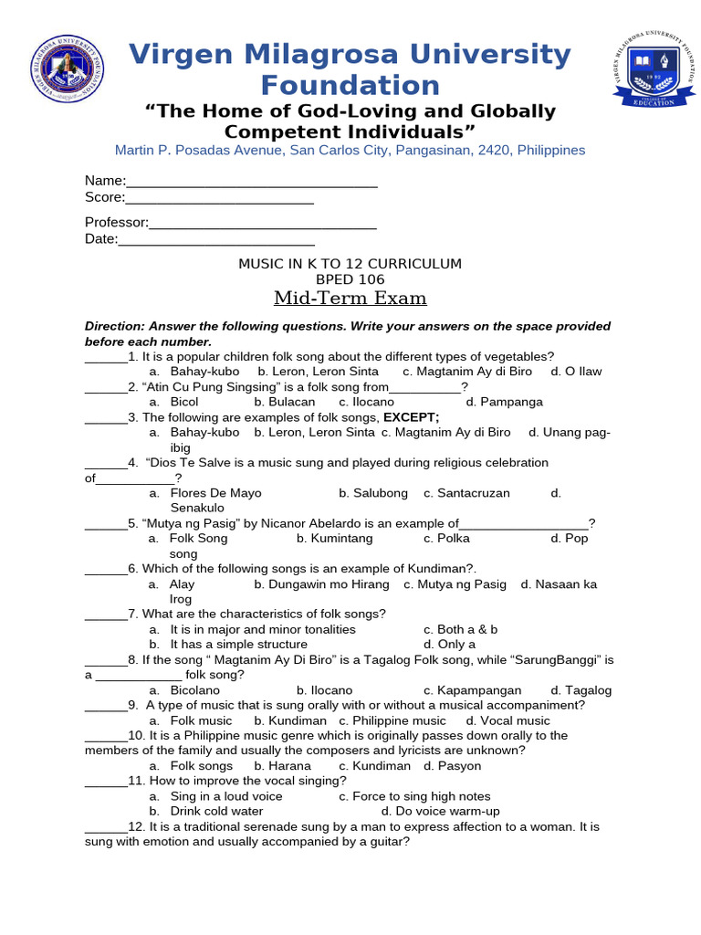 K to 12 Music Curriculum Exam Guide | PDF | Songs | Performing Arts