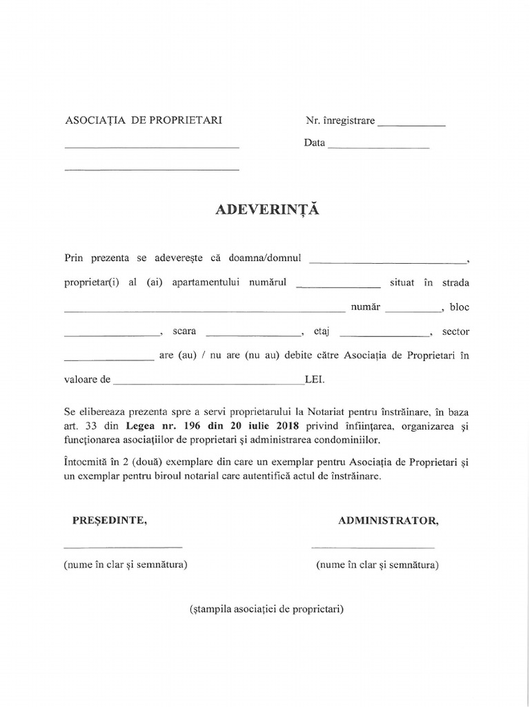 Model Nou Adeverinta Asociatie Proprietari | PDF