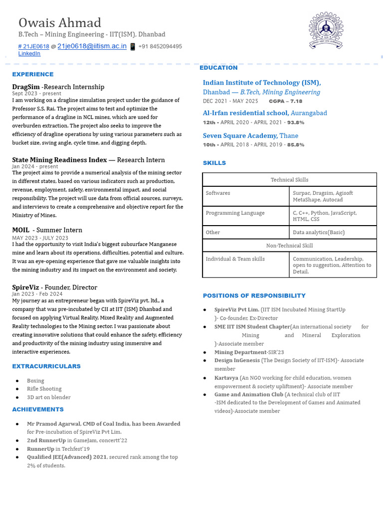 Final Copy of Actual Owais Resume | PDF | Mining