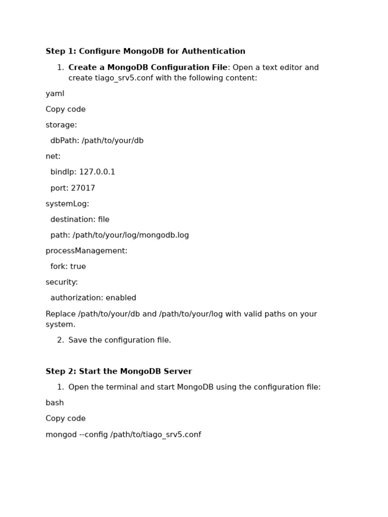 Step 1: Configure Mongodb For Authentication Create A Mongodb Configuration File | PDF