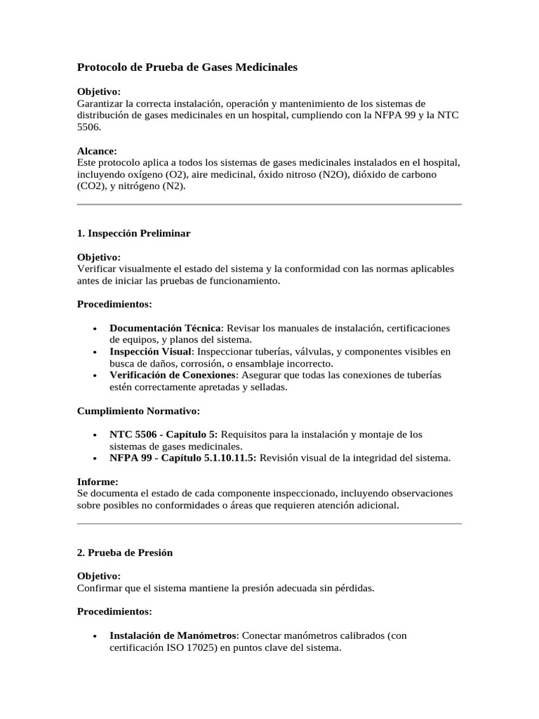 Protocolo de Prueba de Gases Medicinales | PDF | Gases | Presión