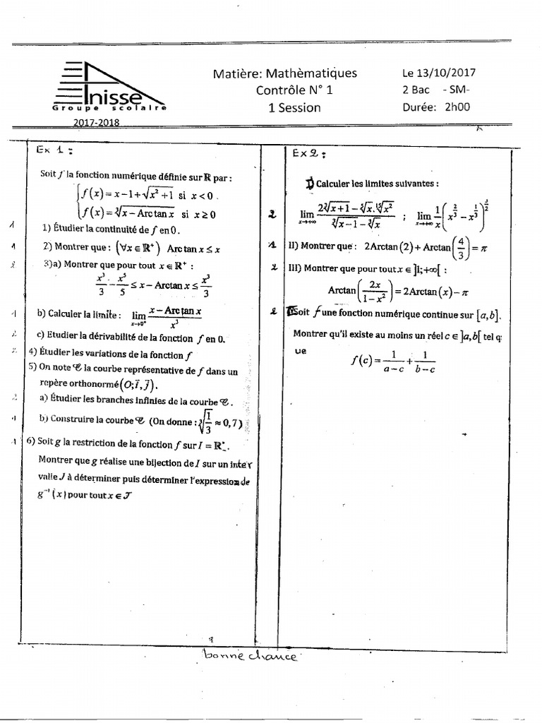 Devoir 1 Modele 2 Mathematiques 2 Bac SM Semestre 1 1 | PDF