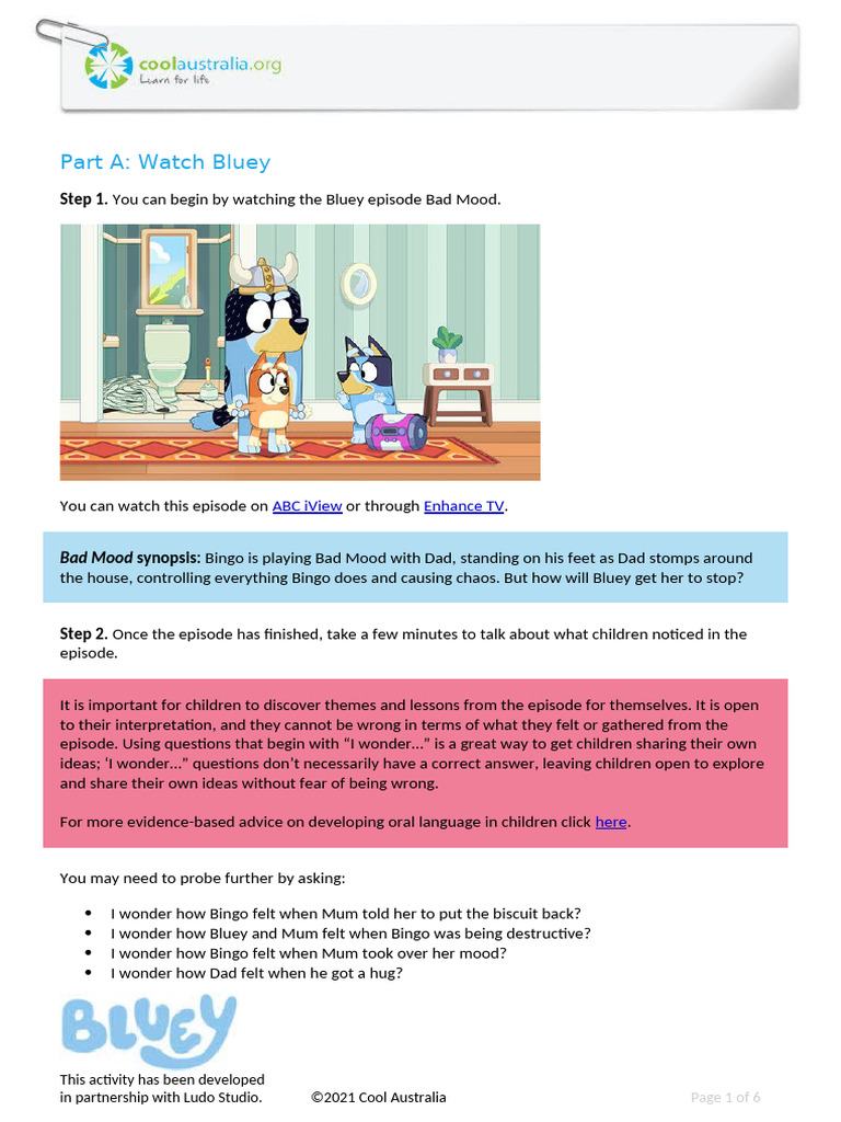 19 - Bluey Bad Mood Mindfulness Early Learning-Teacher Worksheet | PDF ...