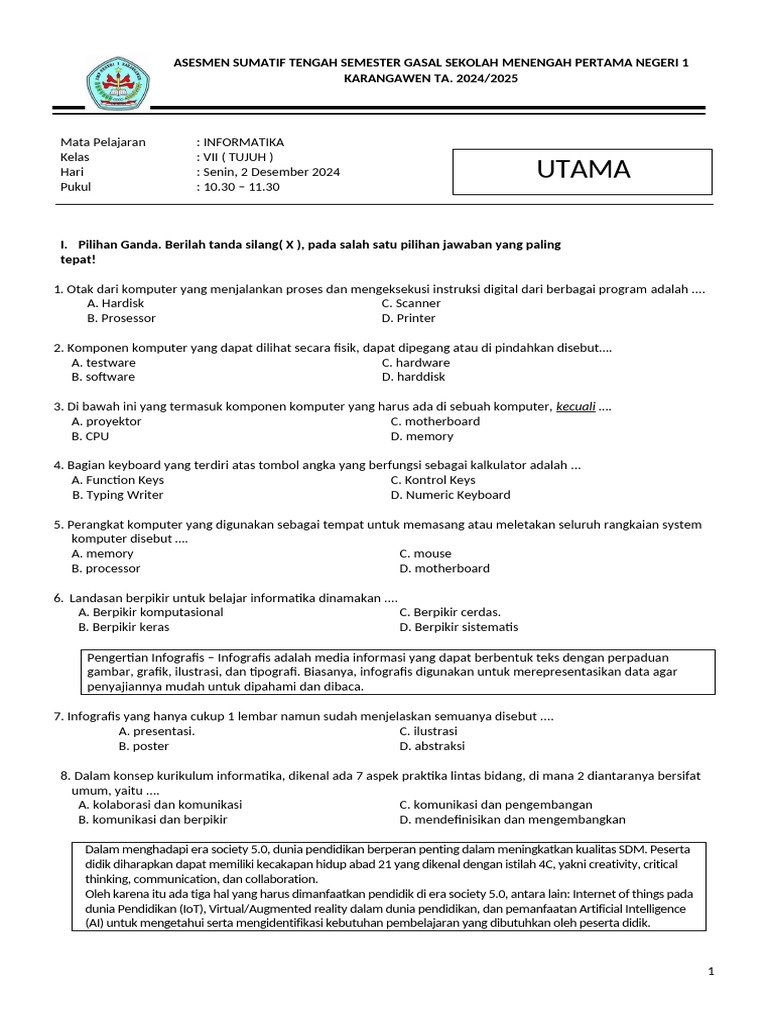 Asas Informatika KLS 7 - Format Soal Asas SMT 1 Gasal - DJ | PDF