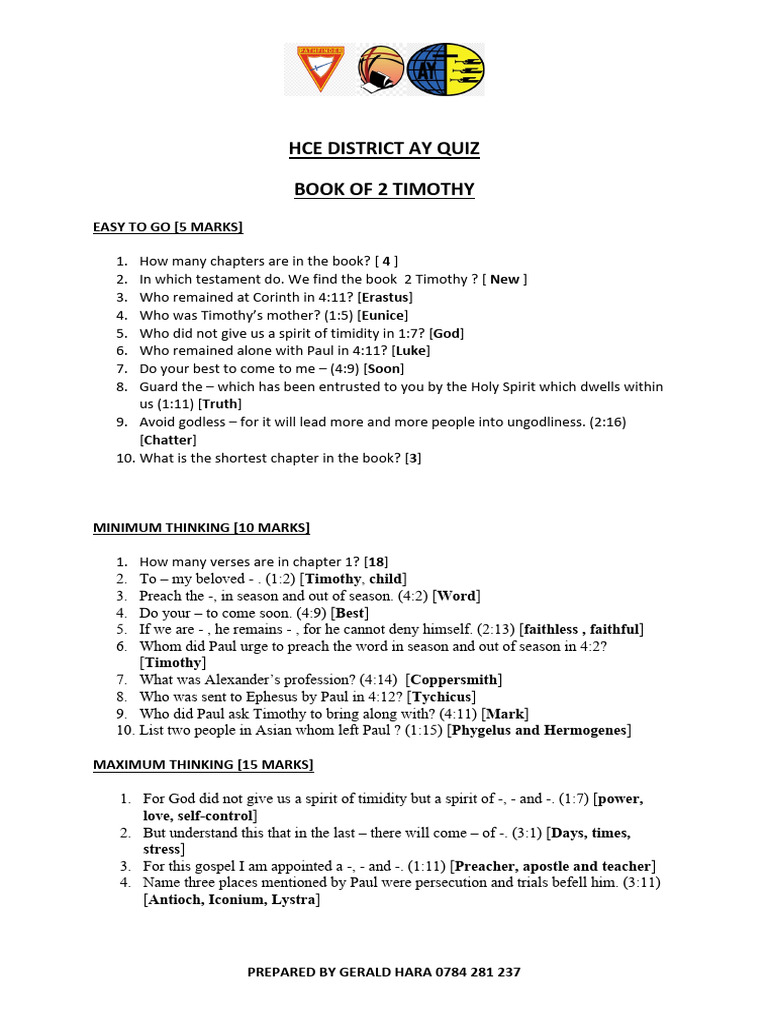 Hce Quiz - 2 Timothy | PDF | Saint Timothy | Paul The Apostle