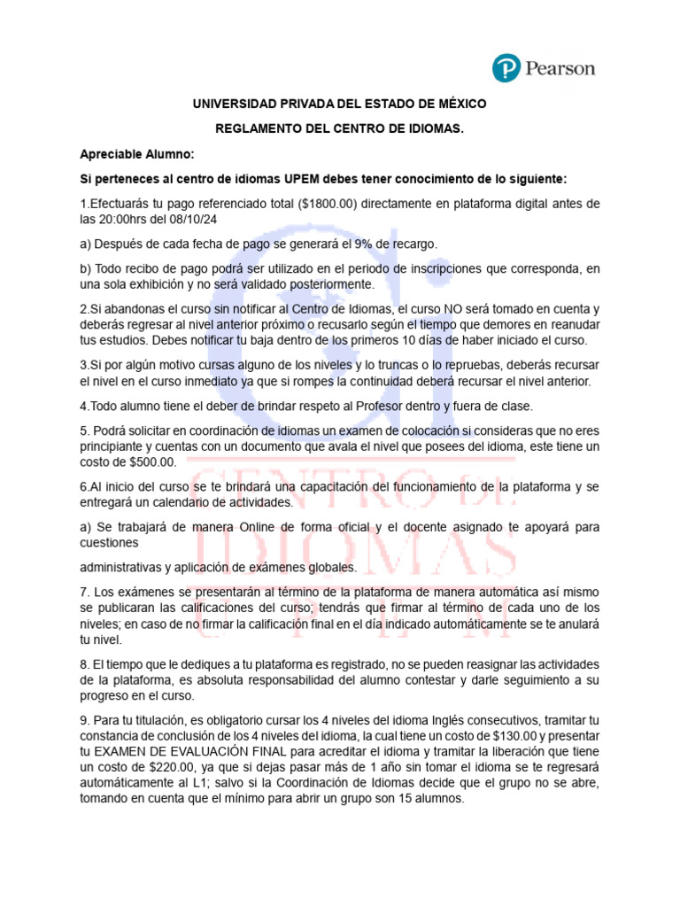 Reglamento Centro de Idiomas | PDF