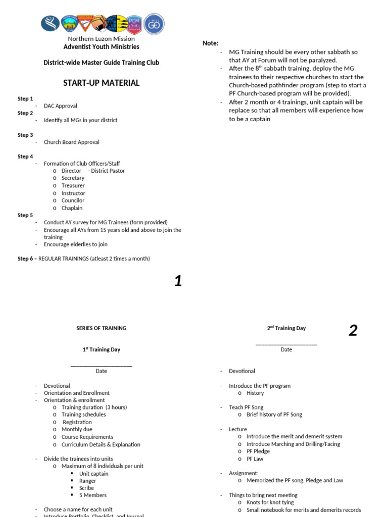 Start Up Material - District-Wide Master Guide Training Club | PDF