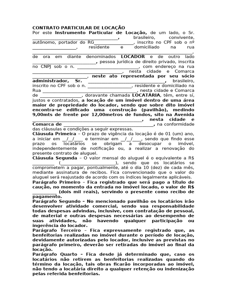 CONTRATO PARTICULAR DE LOCAÇÃO Modelo | PDF | Aluguel | Indenização