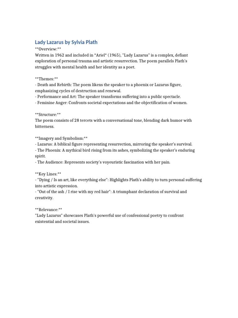 Lady Lazarus by Sylvia Plath | PDF | Classics