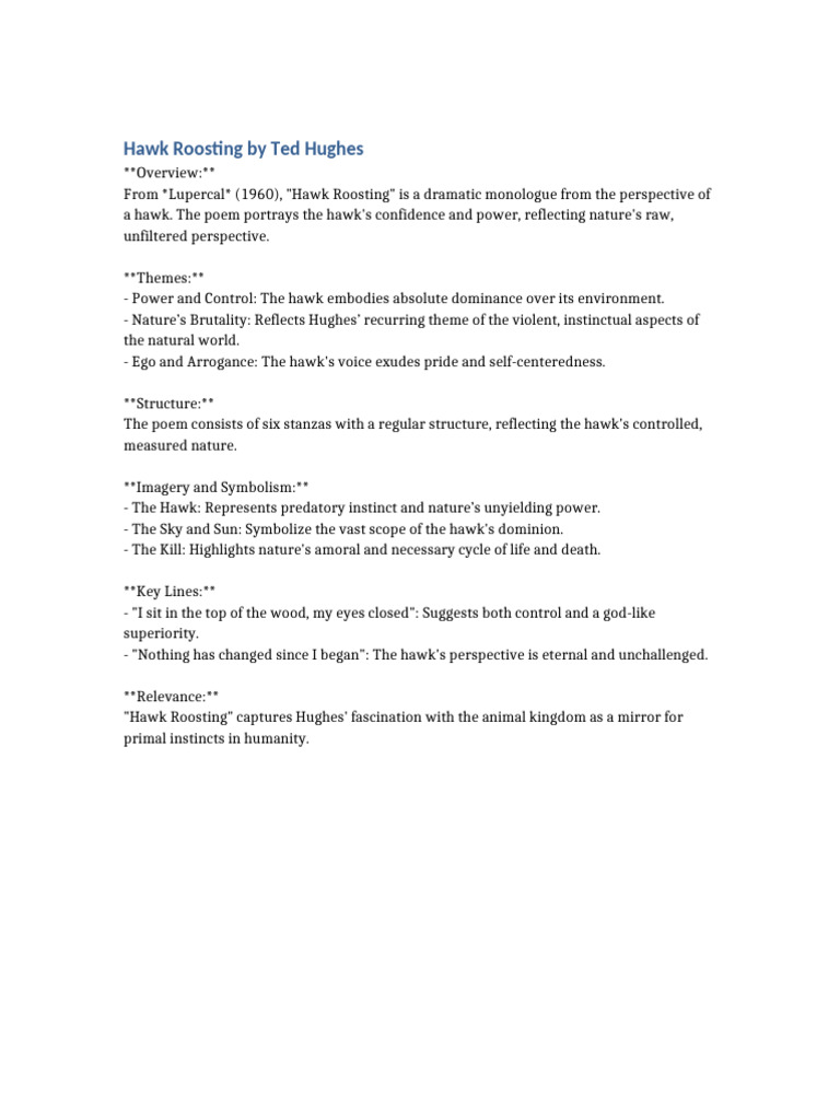 Hawk Roosting by Ted Hughes | PDF