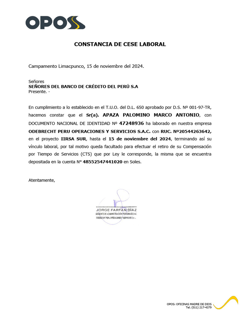 Constancia de Cese Laboral 2024 | PDF