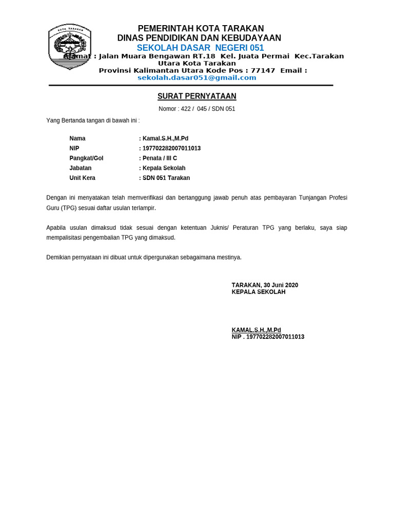 Surat Pernyataan TPG | PDF