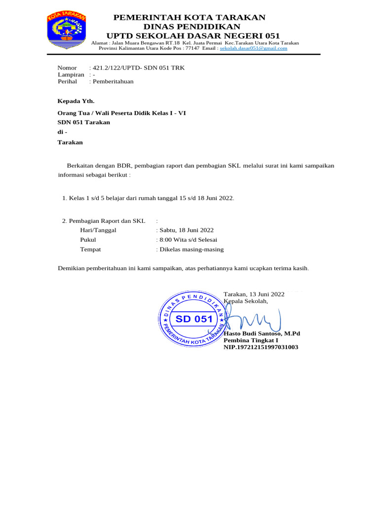 Surat Pemberitahuan Libur Dan Pembagian Raport | PDF Surat Pemberitahuan Libur Dan Pembagian Raport | PDF