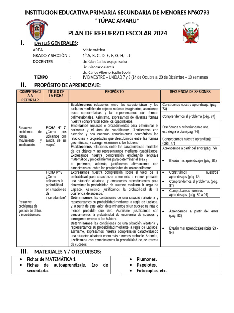 ESQUEMA DE REFUERZO 4TO Bimestre 1ER AÑO | PDF | Probabilidad | Aprendizaje