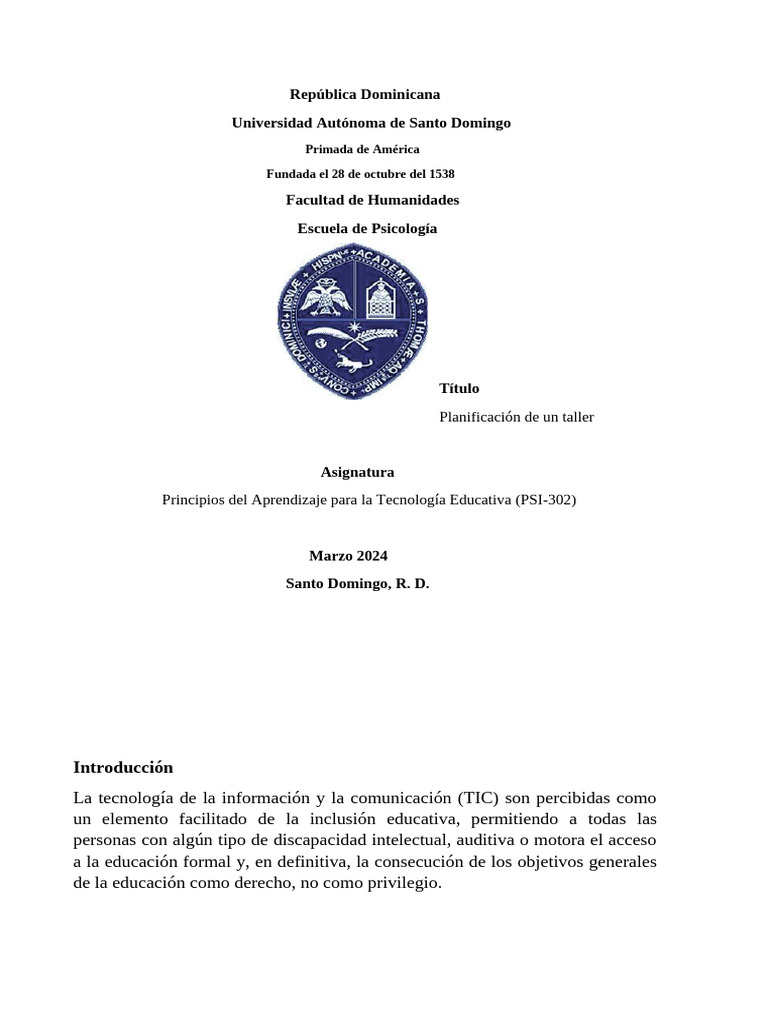 Planificacion de Un Taller Educ Principio Del Aprendizaje para Tec Educ | PDF | Inclusión ...