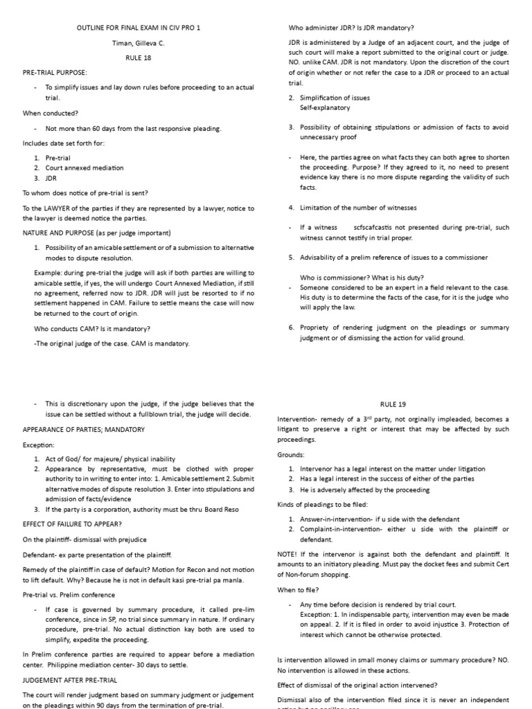 Civil Procedure Pre-Trial Outline | PDF | Deposition (Law) | Discovery ...
