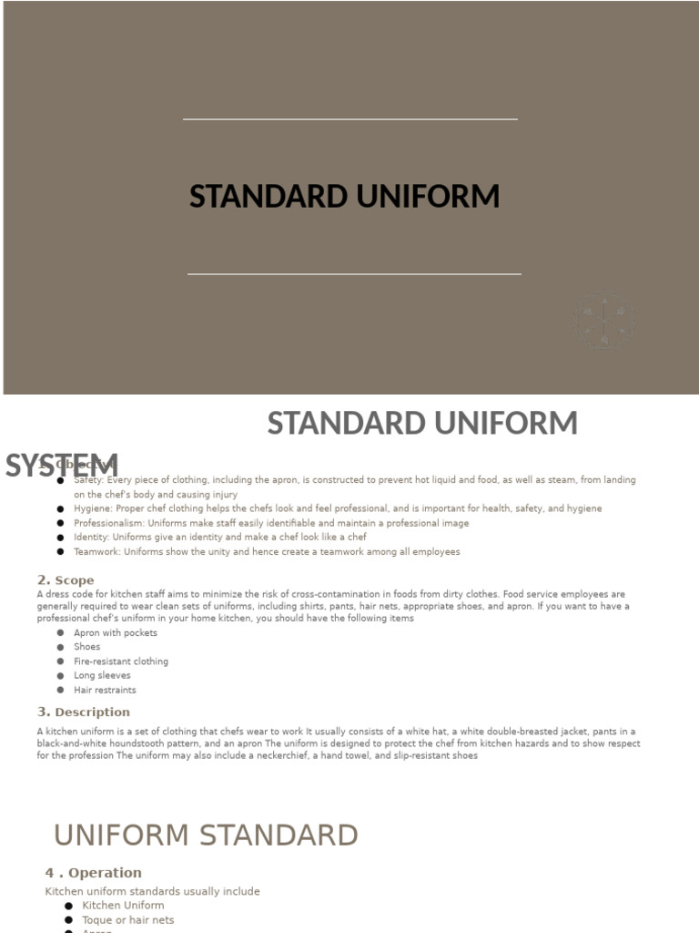 Sop Standard Uniform | PDF | Clothing | Chef