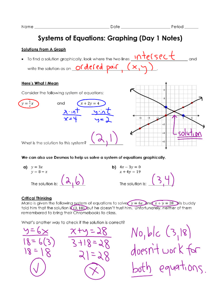Systems of Equations - Graphing (Day 1 Notes Answer Key) | PDF