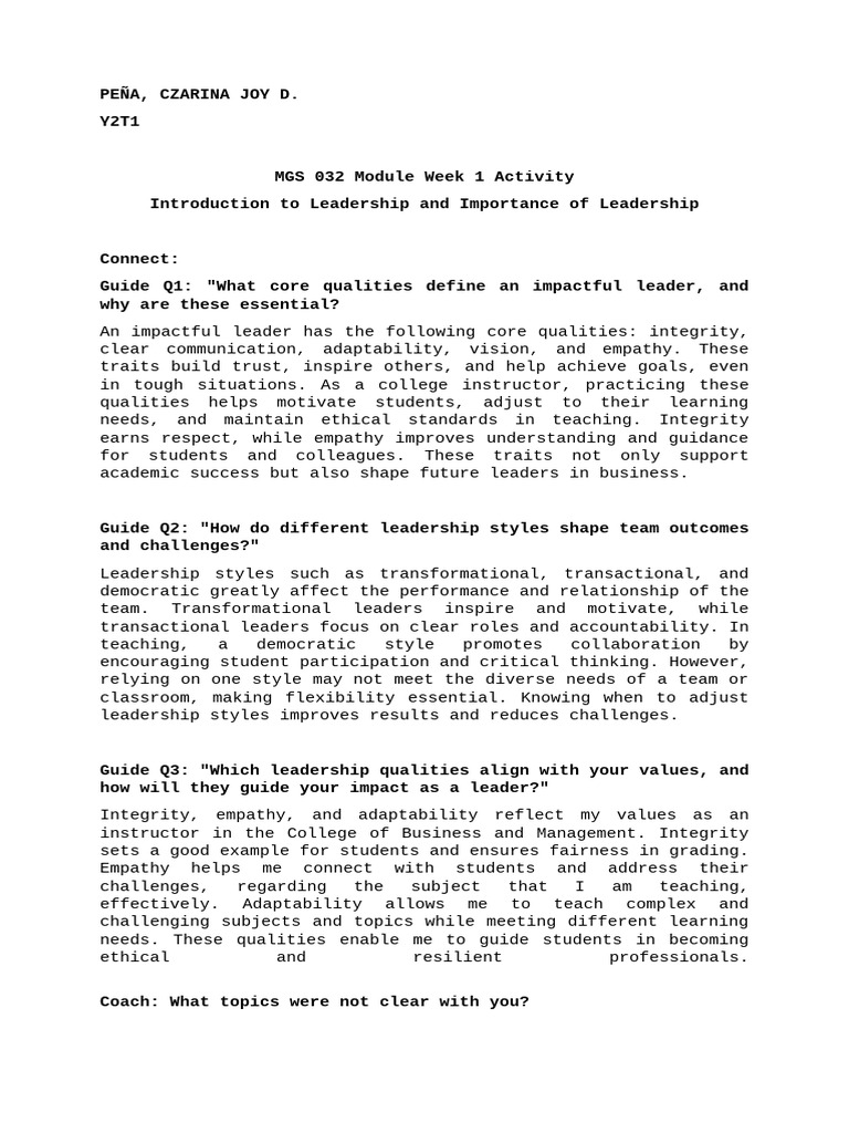 MGS 032 Week 1 Activity - PENACzarinaJoy | PDF | Leadership | Integrity