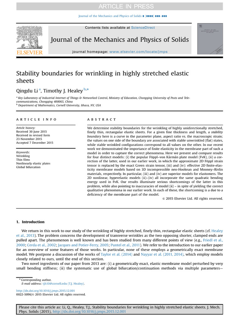 Stability Boundaries For Wrinkling in Highly Stretched Elastic Sheets ...