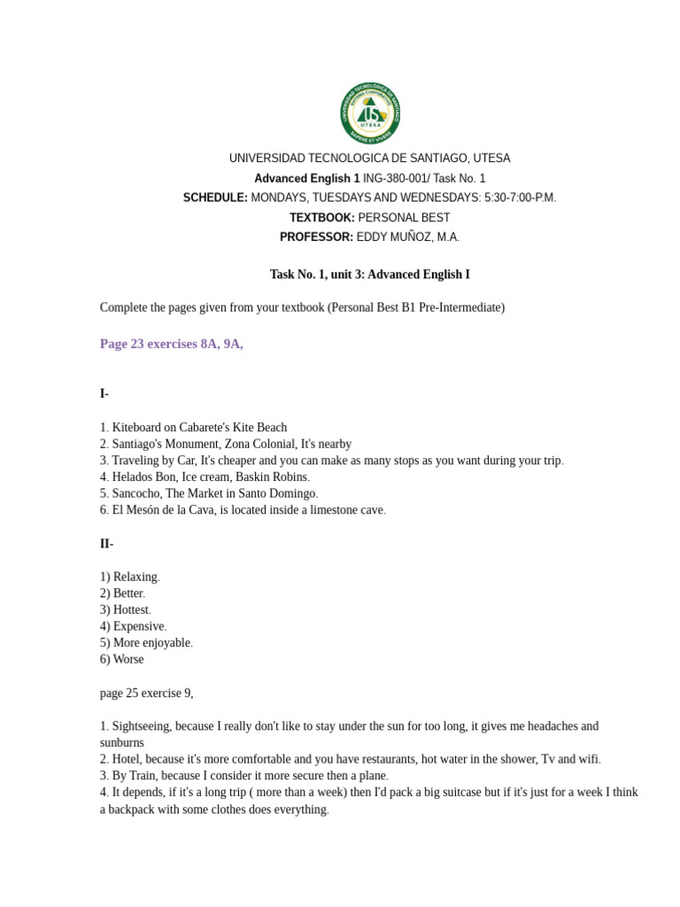 Task 1, Unit 3 (Personal Best) - Advanced English 1 | PDF | Social Science | Foreign Language ...