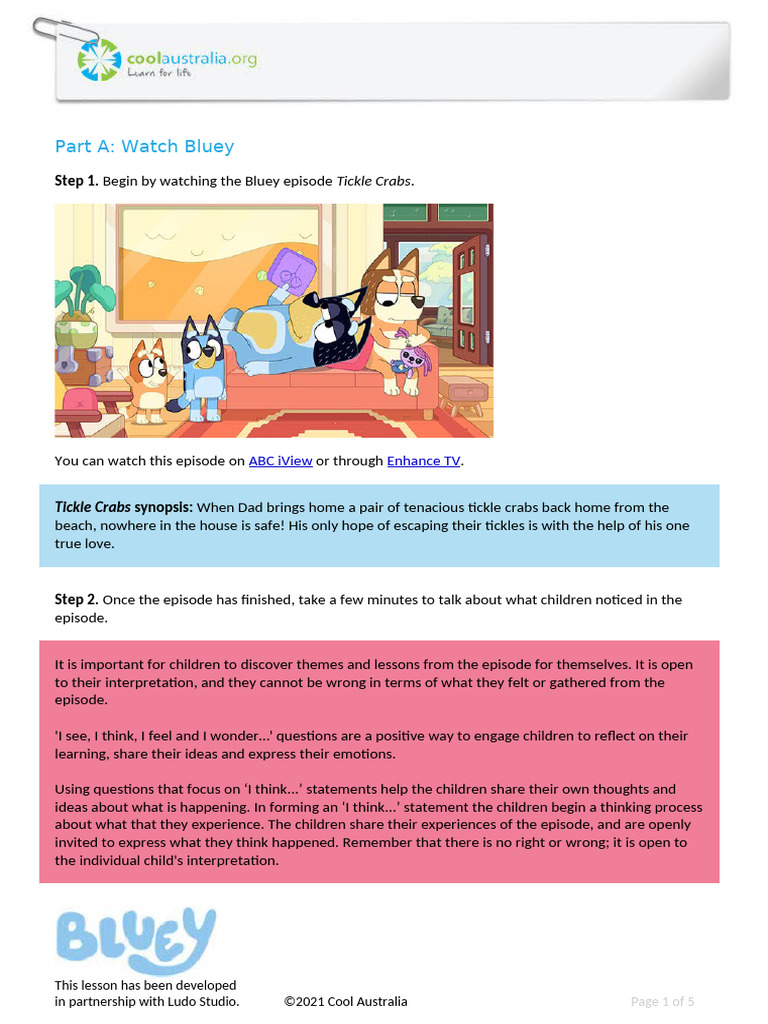 05 - Bluey Tickle Crabs Caring Early Learning-Teacher Worksheet | PDF | Empathy