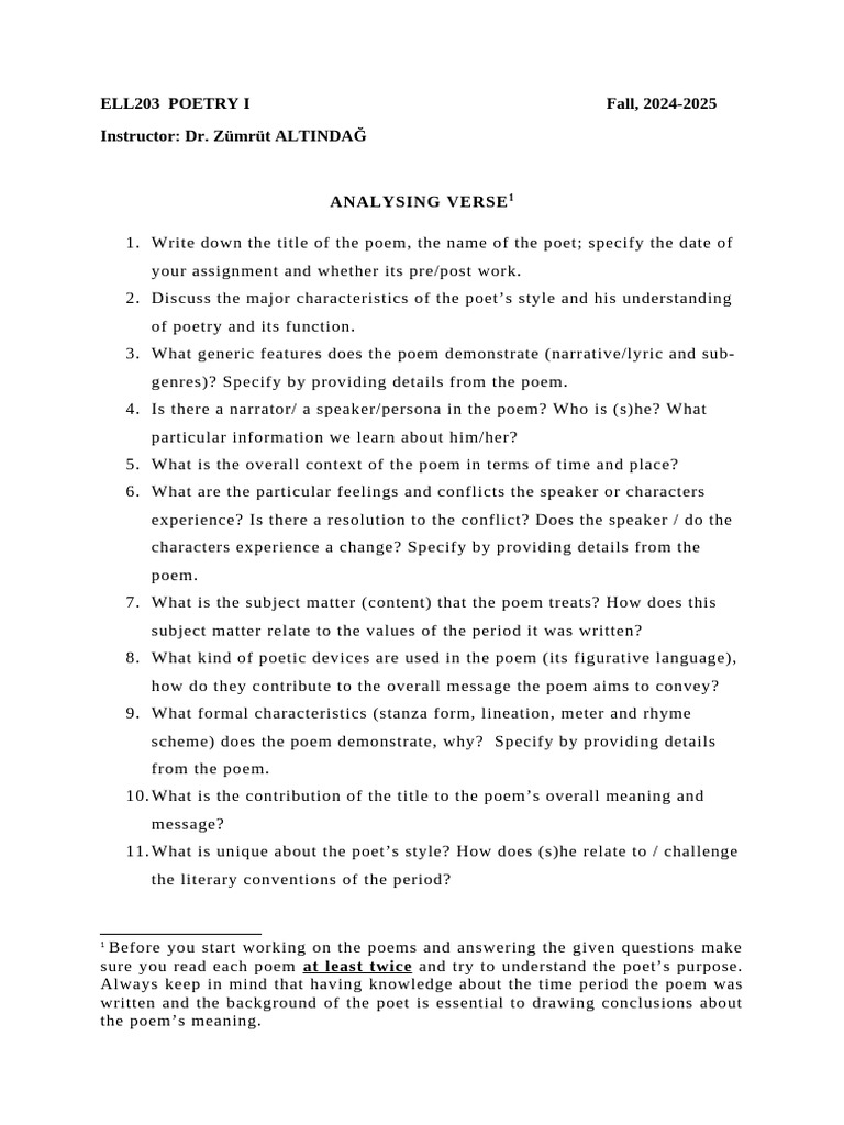 Poetry I Analysisng Verse 2024-2025 | PDF