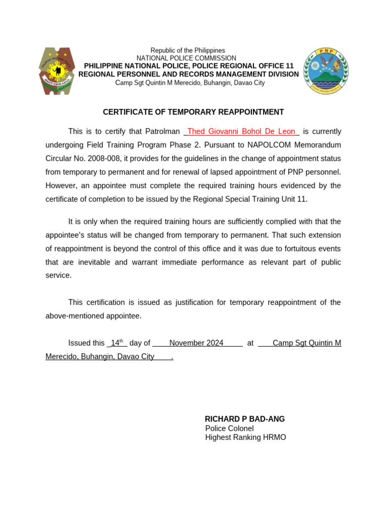 Temporary Reappointment Certificate PNP | PDF