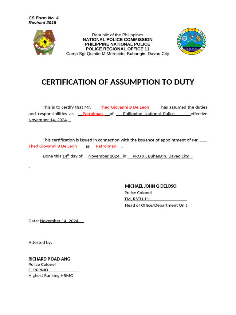 Assumption of Duty Sample | PDF