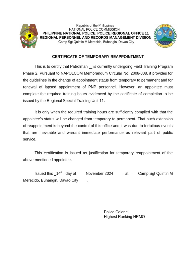 Certification For TEMPORARY Reappointment Sample | PDF