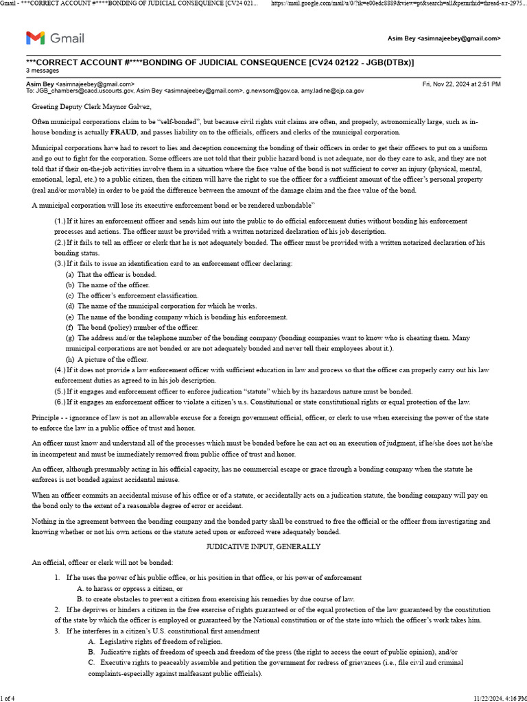 BONDING OF JUDICIAL CONSEQUENCE (CV24 02122 - JGB (DTBX) ) | PDF | First Amendment To The United ...