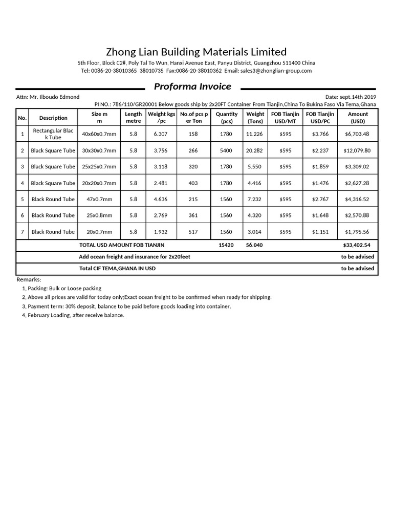 Proforma Invoice for Zhong Lian Materials | PDF | Supply Chain ...