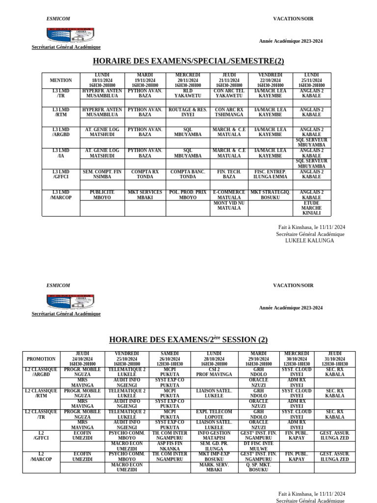 Horaire des Examens 2023-2024 ESMICOM | PDF