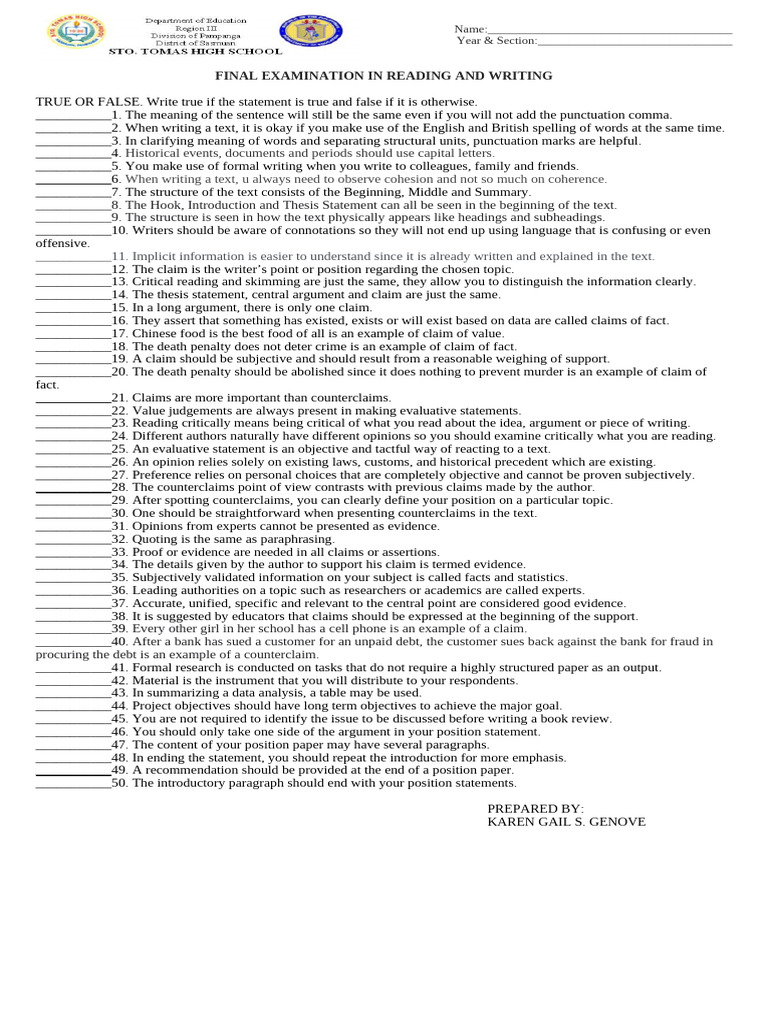 Finals READING AND WTNG 22-23 | PDF | Evidence | Argument