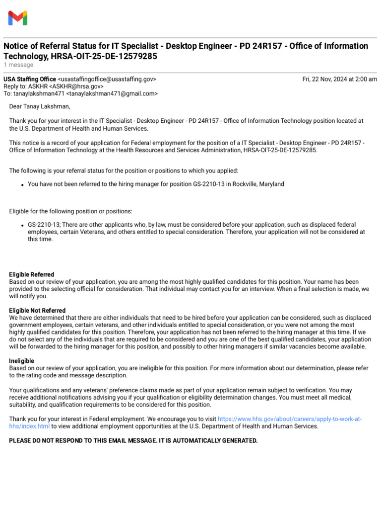 Notice of Referral Status For IT Specialist - Desktop Engineer - PD ...