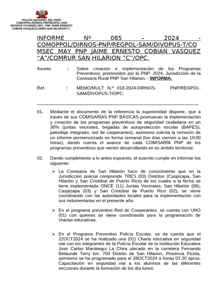 Informe #085 Sobre Creacion e Implementacion de Programas Preventivos 2024 | PDF | Derecho penal ...