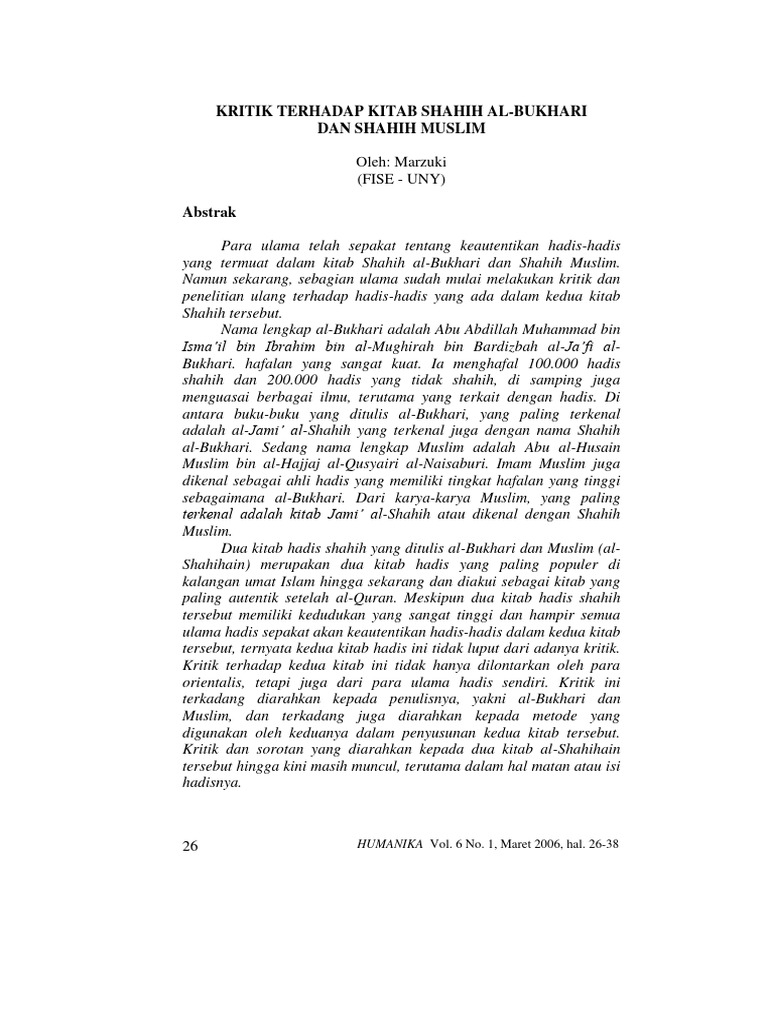 ID Kritik Terhadap Kitab Shahih Al Bukhari Dan Shahih Muslim | PDF ...