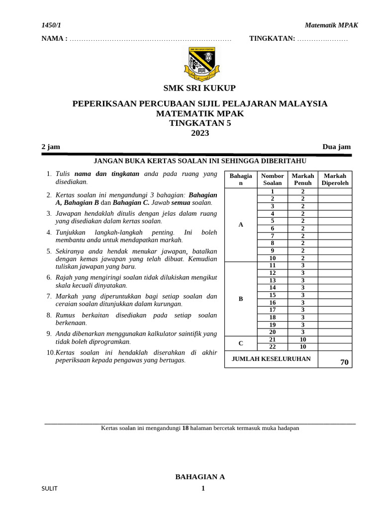 Trial SPM 2023 Matematik MPAK | PDF