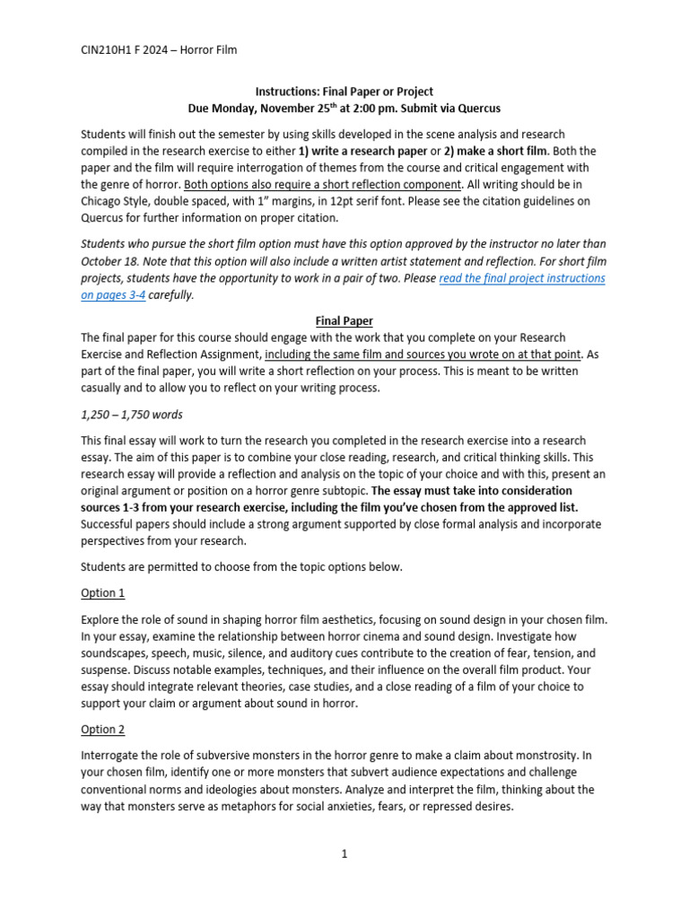 Horror Film Course Final Project | PDF | Essays | Horror Films