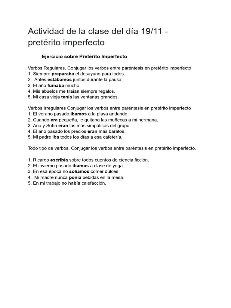 Ejercicios de Pretérito Imperfecto | PDF